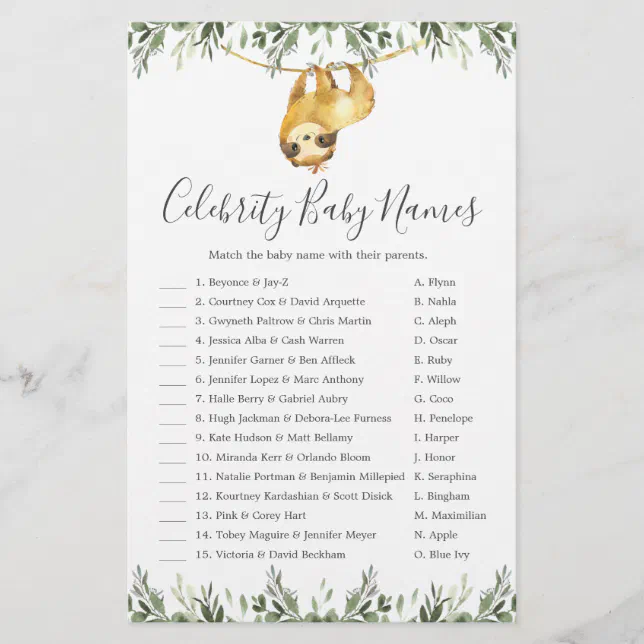 Sloth Baby Shower Celebrity Baby Names Game | Zazzle