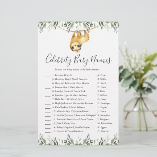 Sloth Baby Shower Celebrity Baby Names Game | Zazzle