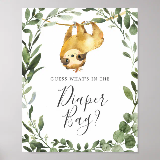 Sloth Baby Shower Guess What's in the Diaper Bag Poster | Zazzle