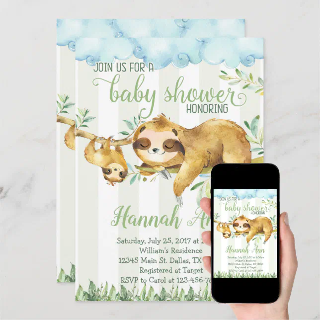 Sloth Baby Shower Invitation Invite | Zazzle