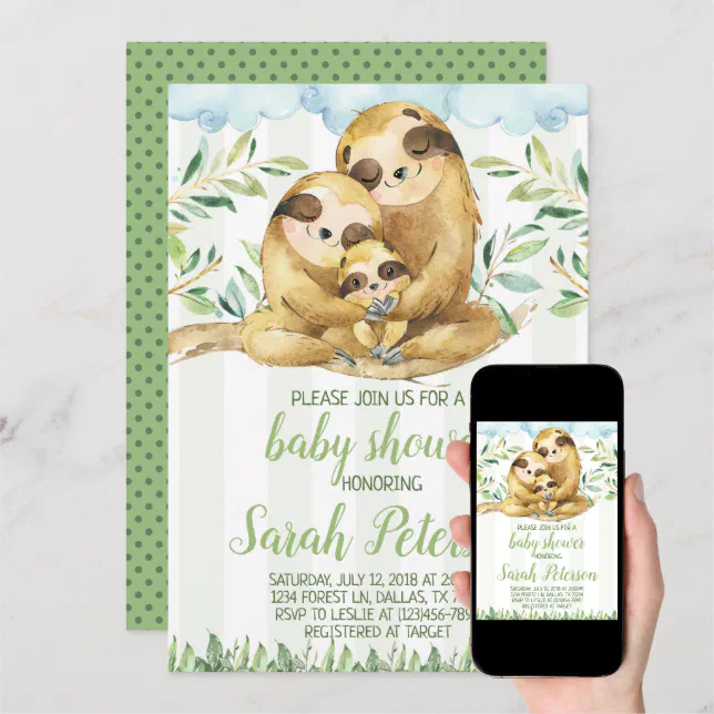 Sloth Baby Shower Invitation Invite | Zazzle