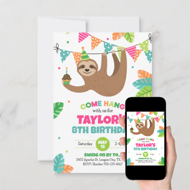 Sloth Birthday Invitation, Sloth Party Invitation | Zazzle
