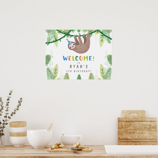Sloth Birthday Party in Blue & White Welcome Sign | Zazzle