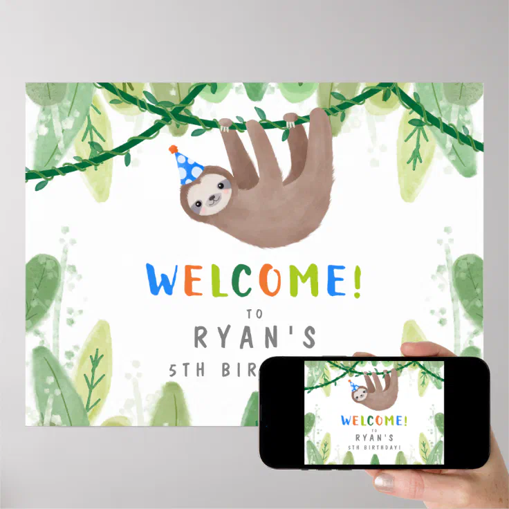Sloth Birthday Party in Blue & White Welcome Sign | Zazzle