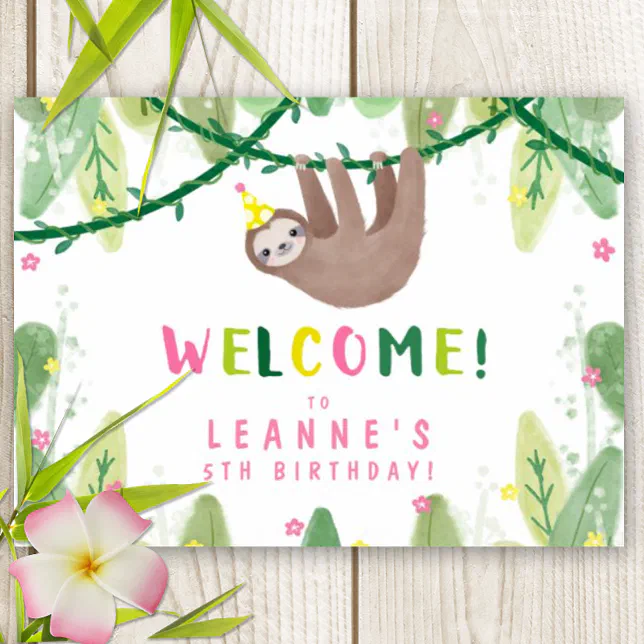 Sloth Birthday Party in Pink & Yellow Welcome Sign | Zazzle
