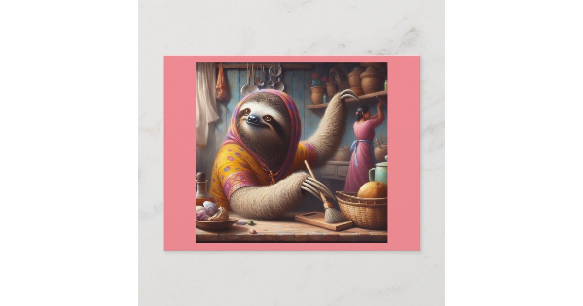 Sloth Cleaning a Kitchen Postcard | Zazzle