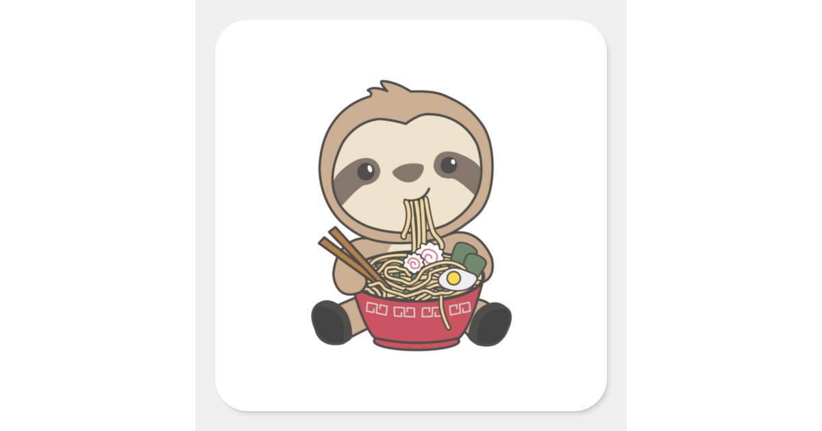 Sloth Eat Ramen Cute Kawaii Noodle Sloth Square Sticker | Zazzle