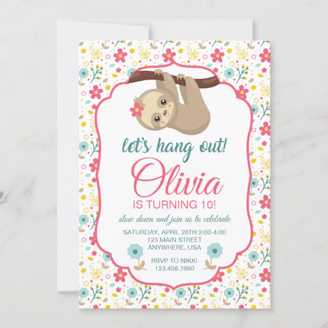 Sloth Flower Birthday Invitation Let's Hang Out! | Zazzle