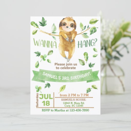 Sloth let's hang out boy invitation. invitation | Zazzle