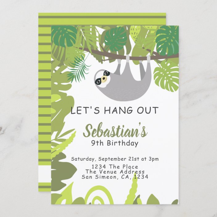 Sloth Lets Hang Out Personalized Birthday Party Invitation | Zazzle.com