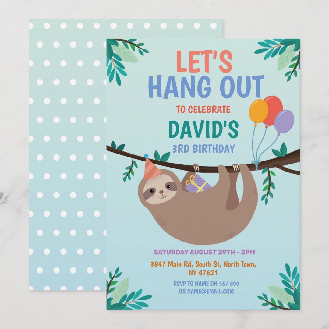 Sloth Party Birthday Let's Hang Out Blue Invitation | Zazzle