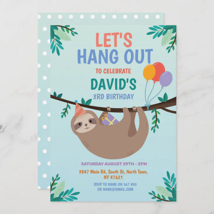 Sloth Party Birthday Let's Hang Out Blue Invitation | Zazzle