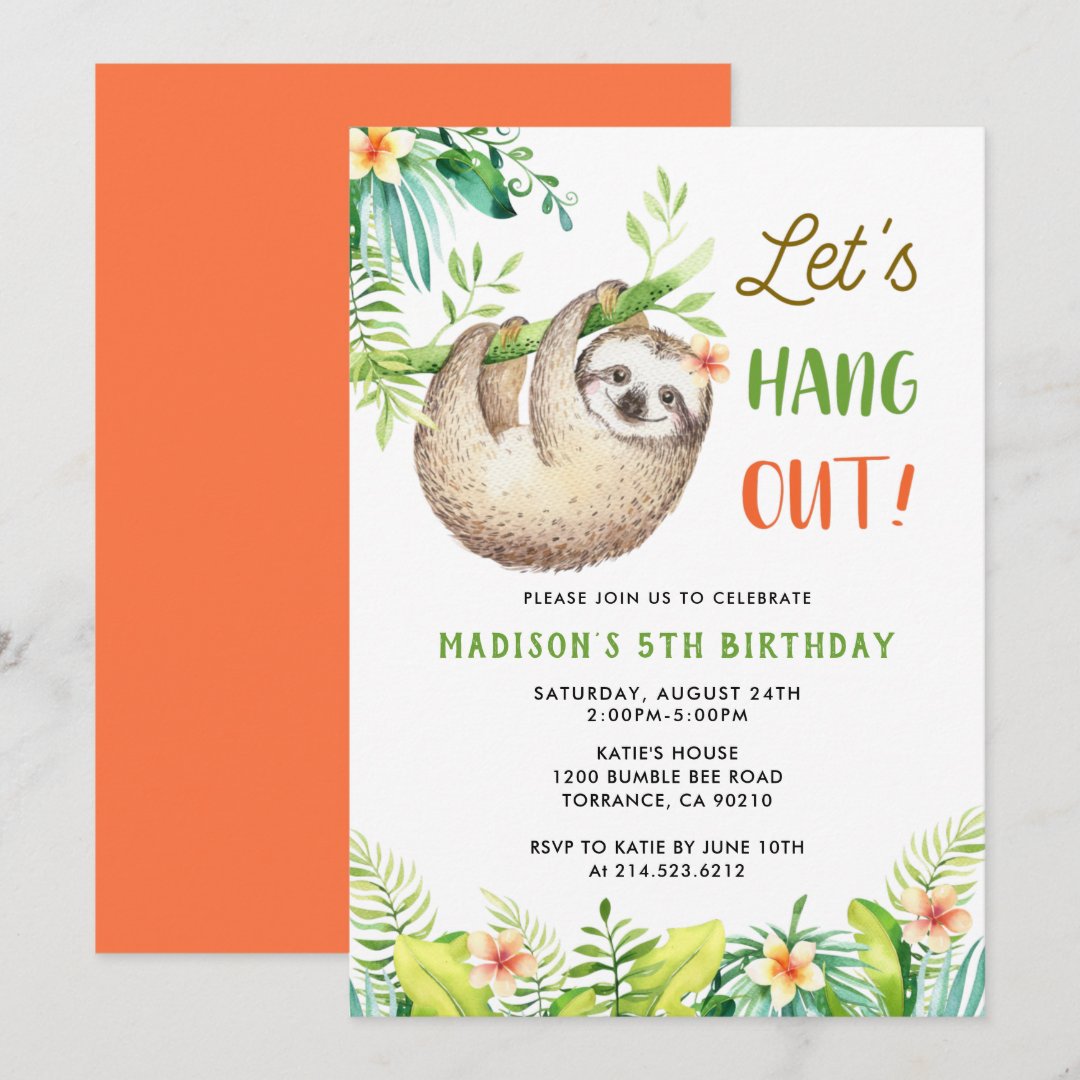 Sloth Party | Hanging Sloth Girl Birthday Party Invitation | Zazzle