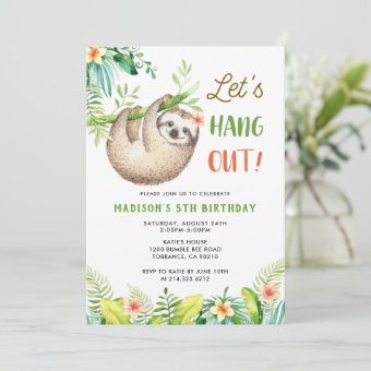 Sloth Party | Hanging Sloth Girl Birthday Party Invitation | Zazzle