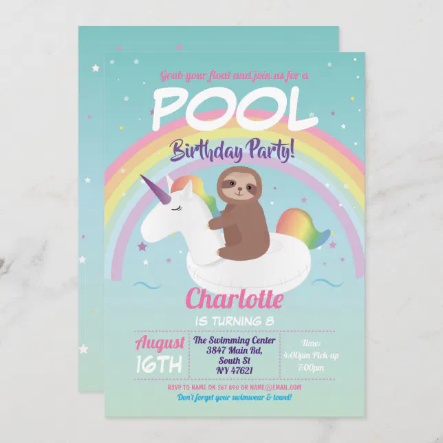 Sloth Rainbow Pool Party Birthday Unicorn Float Invitation | Zazzle