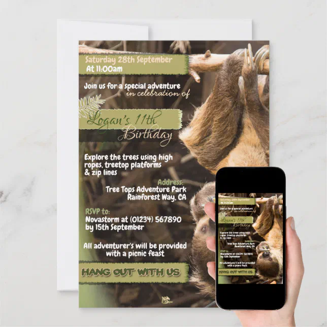 Sloth Tree Tops Adventure Invitations | Zazzle
