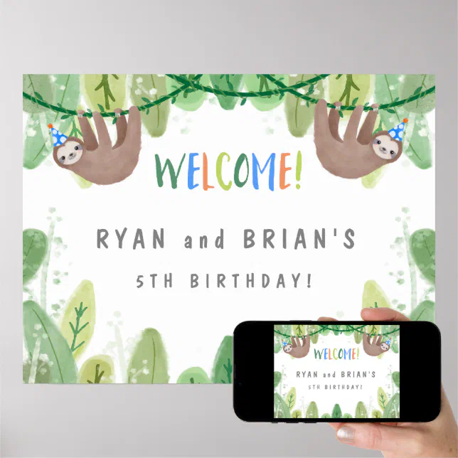 Sloth Twin Birthday Party in Blue Welcome Sign | Zazzle