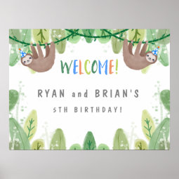 Sloth Twin Birthday Party in Blue Welcome Sign | Zazzle