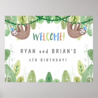 Sloth Twin Birthday Party in Blue Welcome Sign | Zazzle