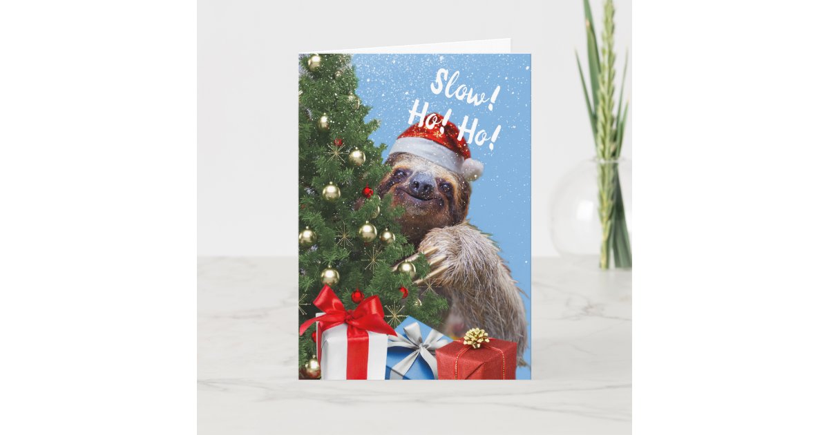 Slow Ho Ho Cute Christmas Sloth in Santa Hat Card | Zazzle