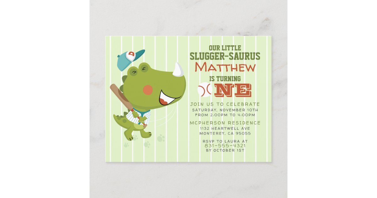 Slugger-Saurus Baseball Dino Baby Boy 1st Birthday Invitation Postcard ...