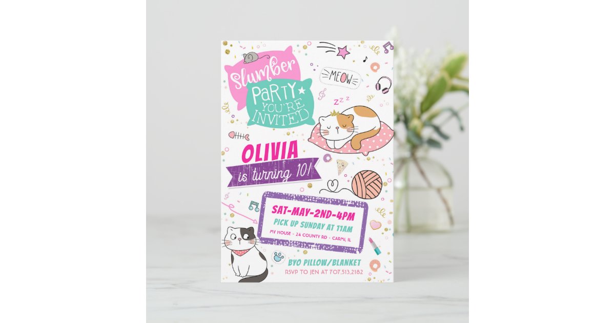 Slumber Party Birthday Invitations - Kitty Cat | Zazzle