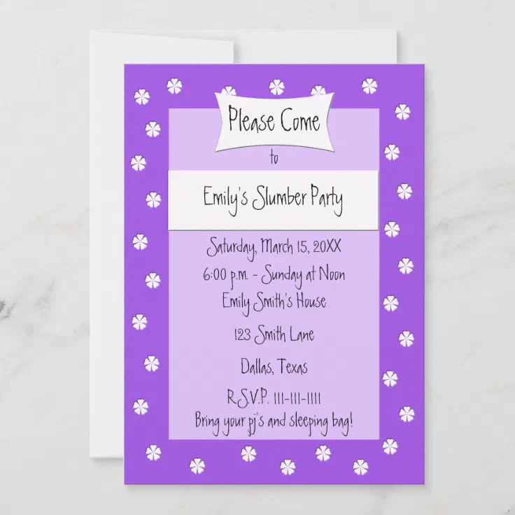 Slumber Party Invitation Cute Purple Bed | Zazzle
