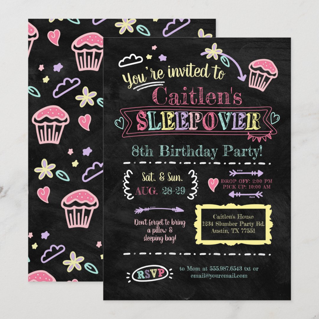 Slumber Party Sleepover Birthday Chalkboard Doodle Invitation | Zazzle