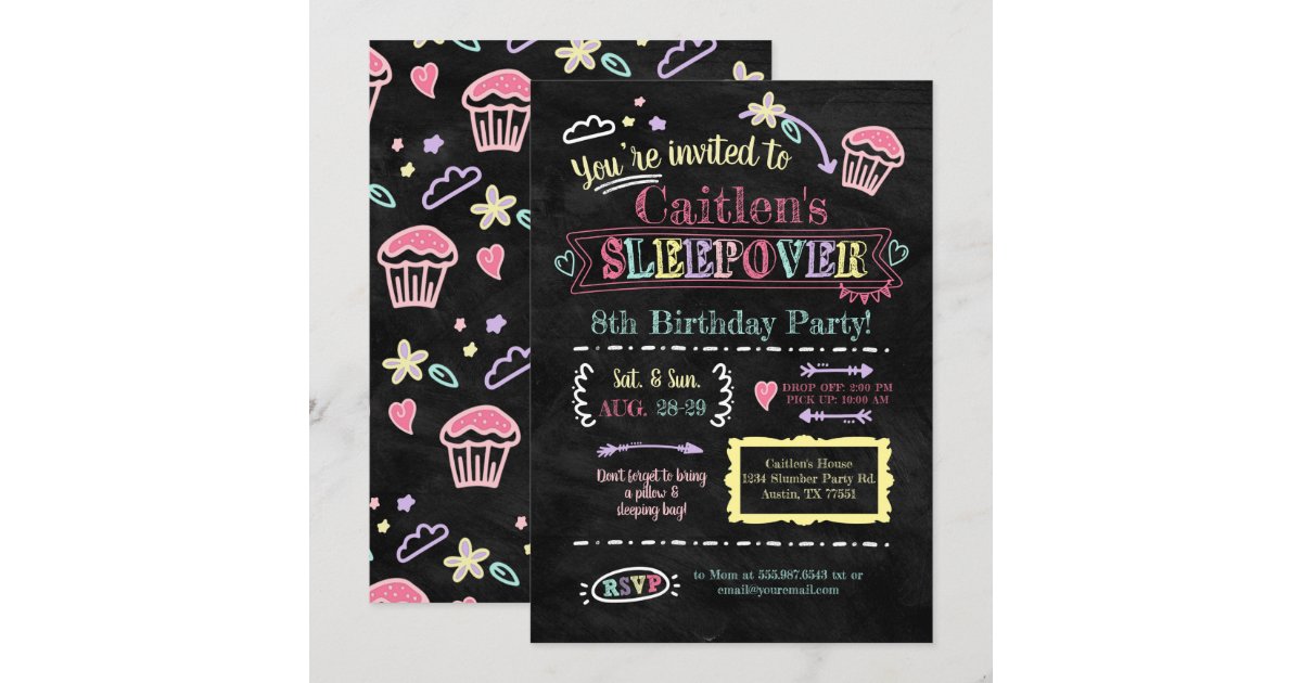 Slumber Party Sleepover Birthday Chalkboard Doodle Invitation | Zazzle