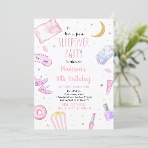 Slumber Party Sleepover Pink Tween Girl Birthday Invitation | Zazzle