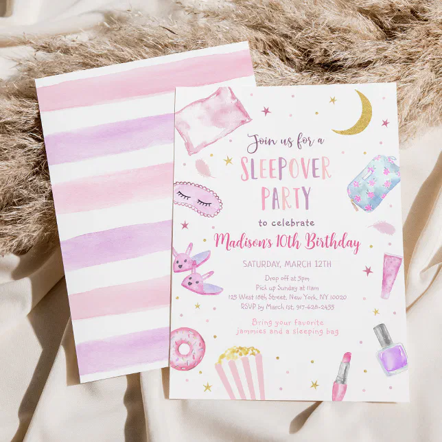 Slumber Party Sleepover Pink Tween Girl Birthday Invitation | Zazzle