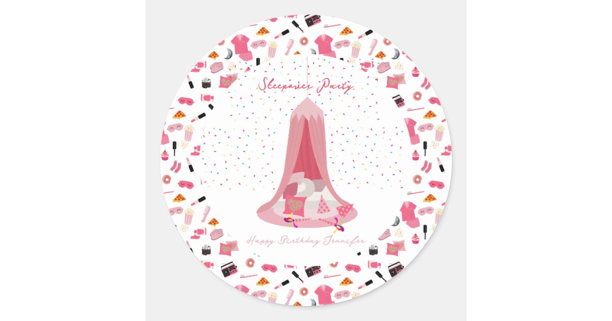 Slumber Party Sleepover Tent Kids Birthday Party Classic Round Sticker ...