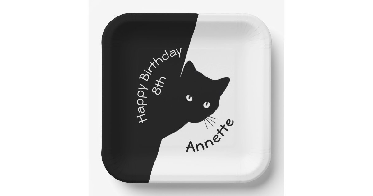 Sly Black Cat Happy Birthday Year and Name Paper Plates | Zazzle