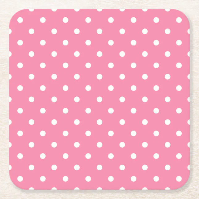 Small White Polka Dots on hot pink Square Paper Coaster | Zazzle