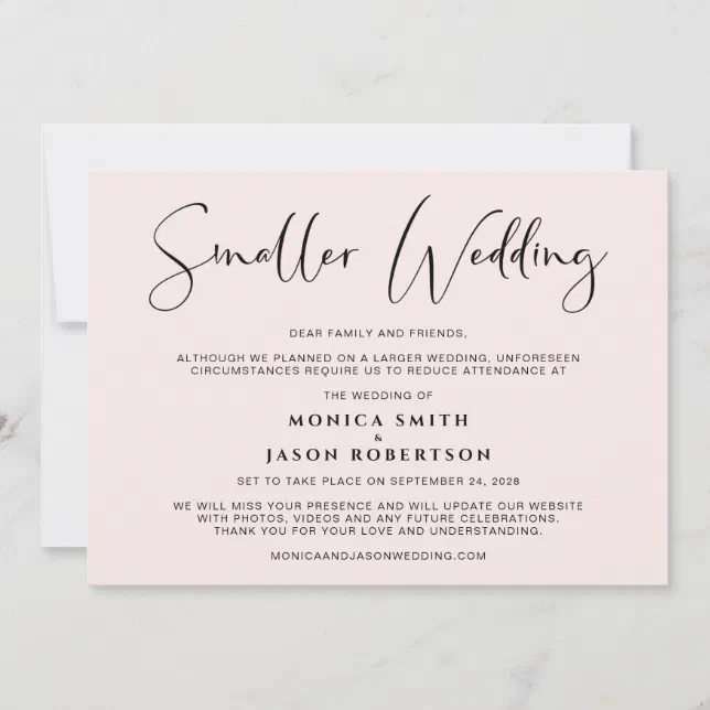Smaller Downsized Wedding Elegant Chic Blush Pink Announcement | Zazzle