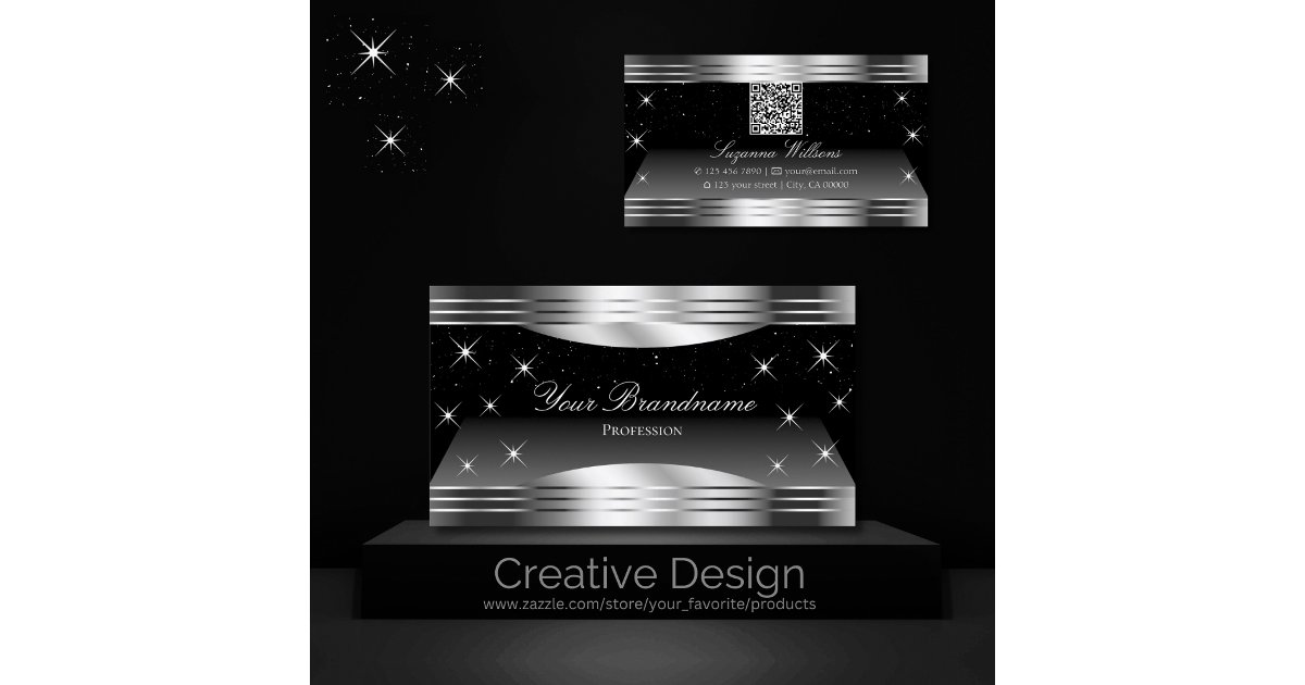 Smart Black Silver Shimmer Borders with QR Code Business Card | Zazzle