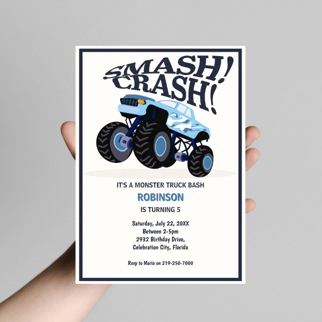 Smash Crash-Modern Blue Monster Truck Birthday Invitation | Zazzle
