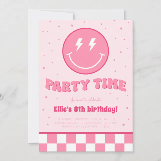 Smiley Preppy Face Girl Pink Birthday Invitation | Zazzle
