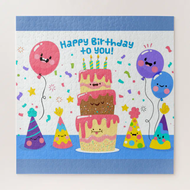 Smiling Birthday Cake And Balloons Jigsaw Puzzle | Zazzle