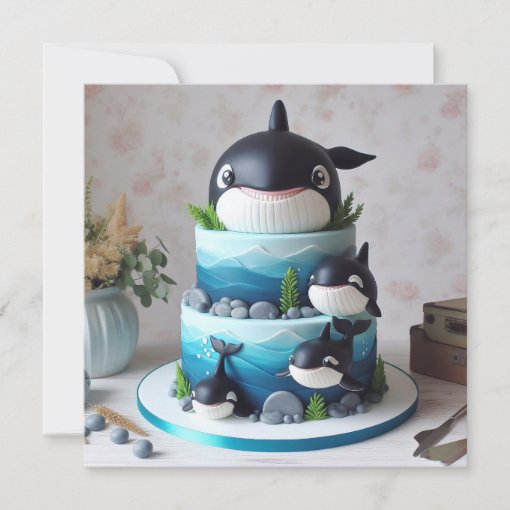 SMILING BLACK & WHITE ORCA WHALE BIRTHDAY CAKE CARD | Zazzle