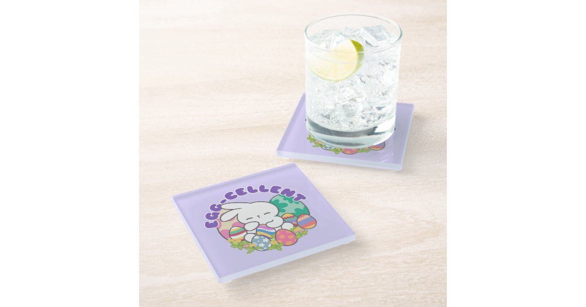 Smiling Bunny & Easter Eggs - Egg-cellent Spring Glass Coaster | Zazzle