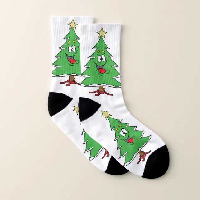 **SMILING CARTOON CHRISTMAS TREE** ADORABLE SOCKS | Zazzle