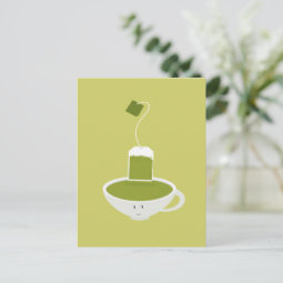 Smiling cup of green tea with tea bag postcard | Zazzle