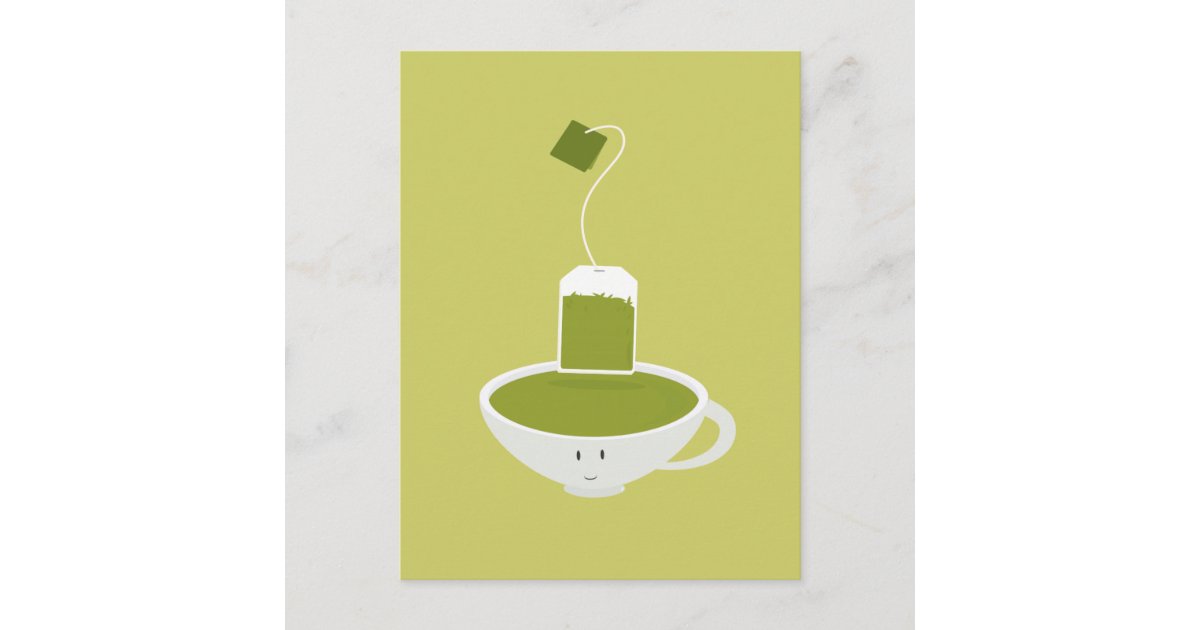 Smiling cup of green tea with tea bag postcard | Zazzle