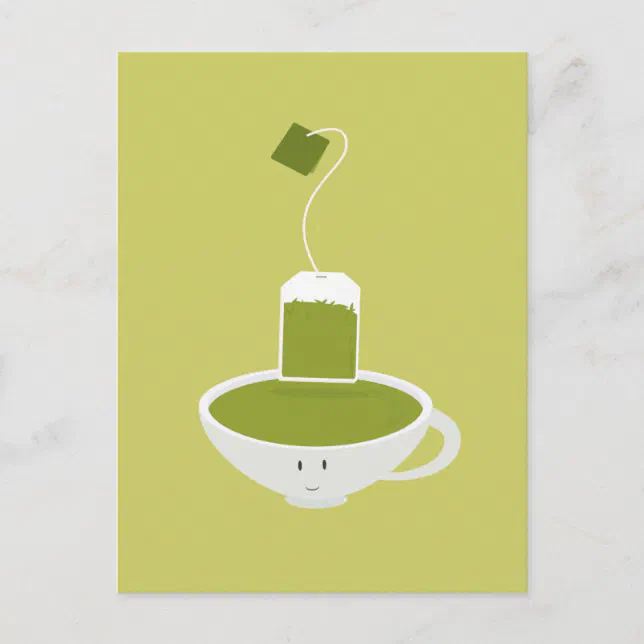 Smiling cup of green tea with tea bag postcard | Zazzle