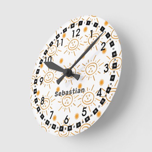Smiling Face Sunshine Pattern Custom Name Round Clock | Zazzle