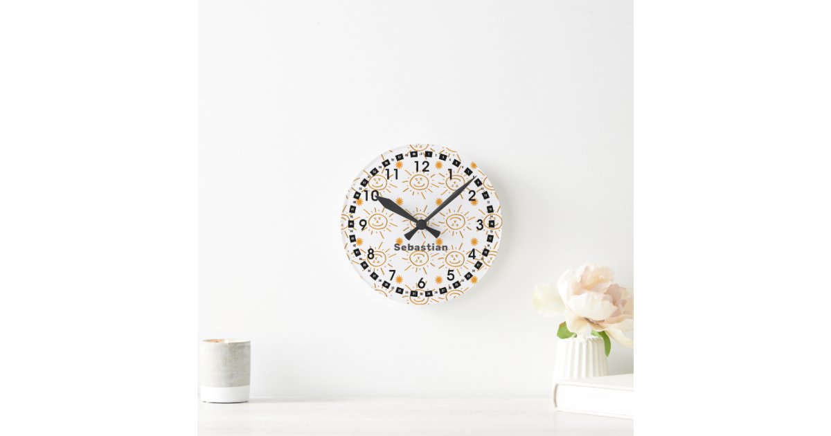 Smiling Face Sunshine Pattern Custom Name Round Clock | Zazzle
