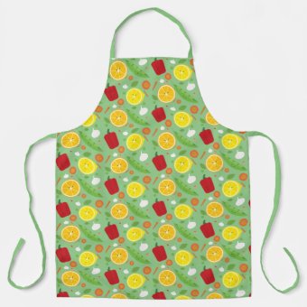 Smiling Fruit Vegetable Green Cartoon Pattern Apron | Zazzle