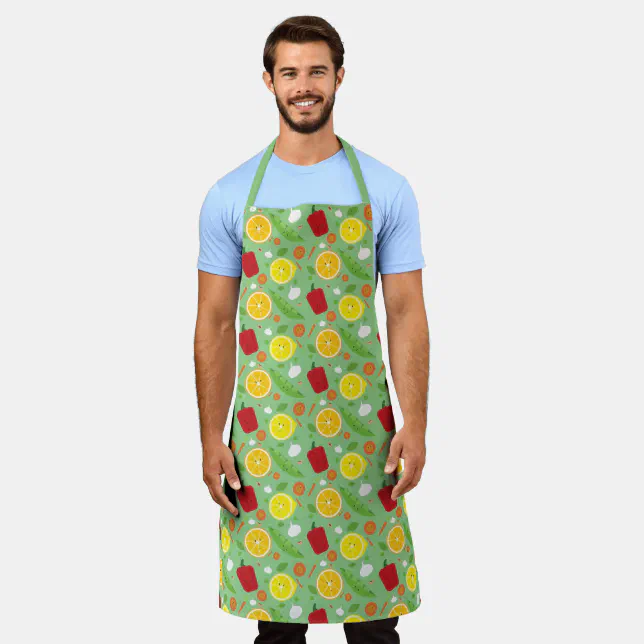 Smiling Fruit Vegetable Green Cartoon Pattern Apron | Zazzle