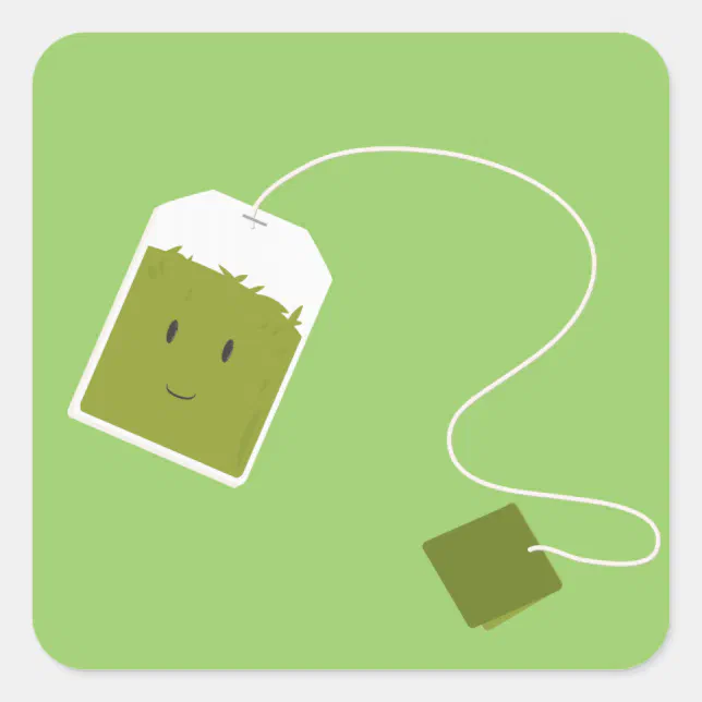 Smiling green tea bag square sticker | Zazzle